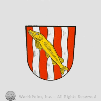 Mark with Heraldry: shield, wavy bars, fish. | #542813