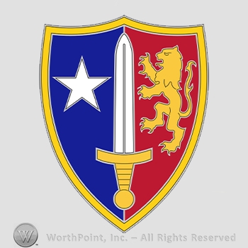 Mark with A half red half blue shield with a | #636409