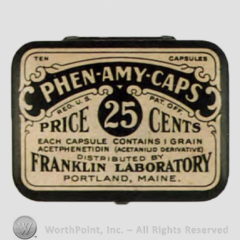 Mark with The text "PHEN-AMY-CAPS REG. U.S. PAT. | #865272