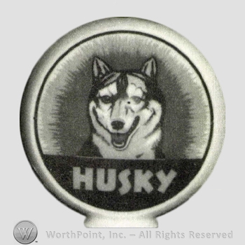 Mark with A circle, a husky and the text "HUSKY". | #895895